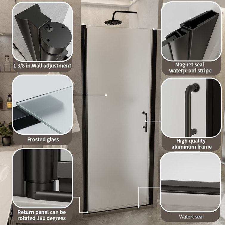 ExBrite 30-31 3/8" W x 72" H Pivot Door Frameless Shower Door with Frosted Glass | Wayfair